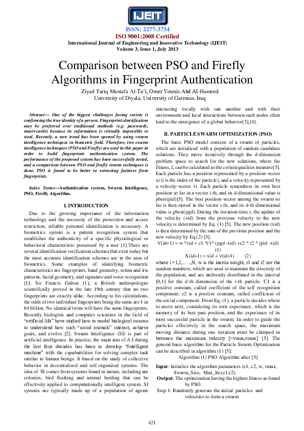 (PDF) Comparison between PSO and Firefly Algorithms in Fingerprint Authentication | Ziyad Tariq ...