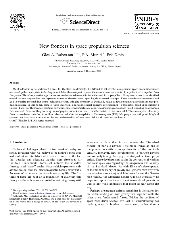 (PDF) New frontiers in space propulsion sciences