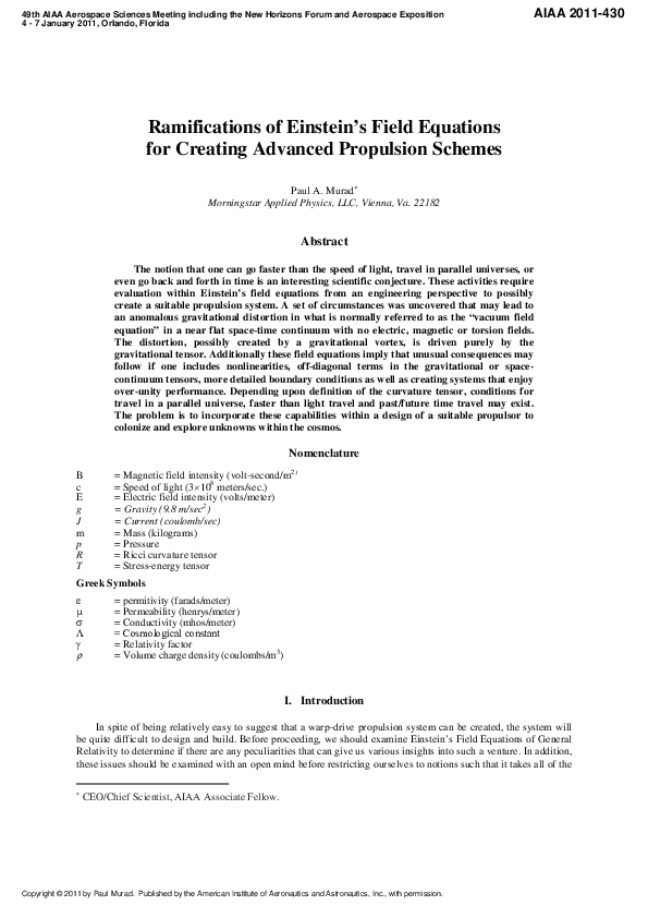(PDF) Ramifications of Einstein's Field Equations for Creating Advanced Propulsion Schemes
