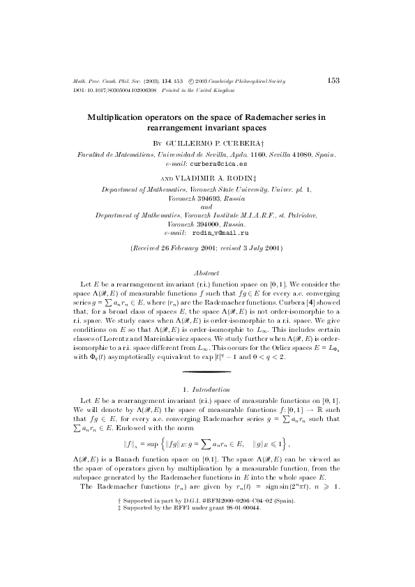 Pdf Multiplication Operators On The Space Of Rademacher Series In Rearrangement Invariant Spaces