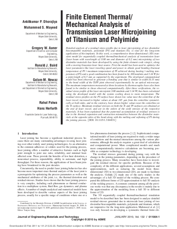 (PDF) Finite Element Thermal/Mechanical Analysis of Transmission Laser Microjoining of Titanium ...