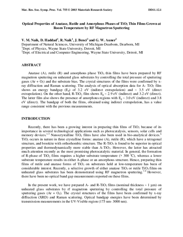 (PDF) Optical Properties of Anatase, Rutile and Amorphous Phases of TiO2 Thin Films Grown at ...