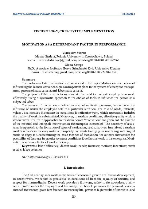 (PDF) Motivation as a Determinant Factor in Performance