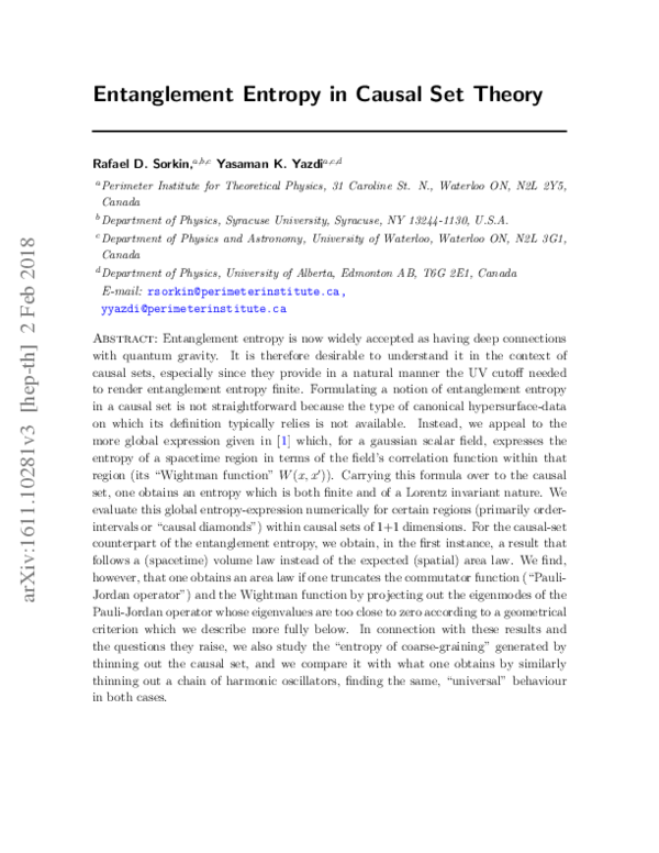 (PDF) Entanglement entropy in causal set theory