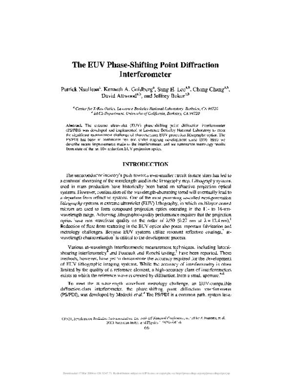 Pdf The Euv Phase Shifting Point Diffraction Interferometer