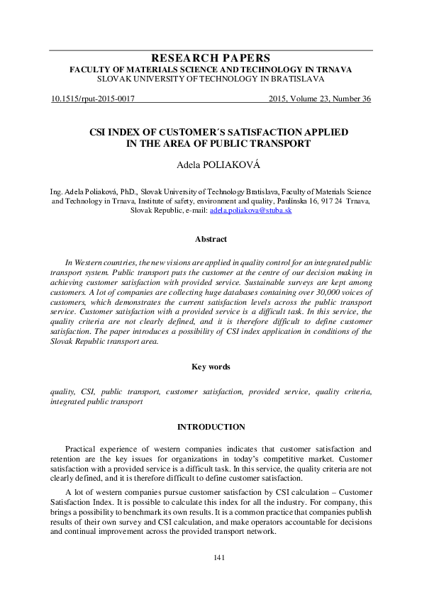 (PDF) CSI Index Of Customer’s Satisfaction Applied In The Area Of ...