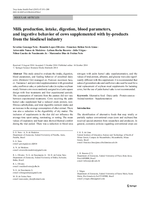 (PDF) Milk production, intake, digestion, blood parameters, and ...