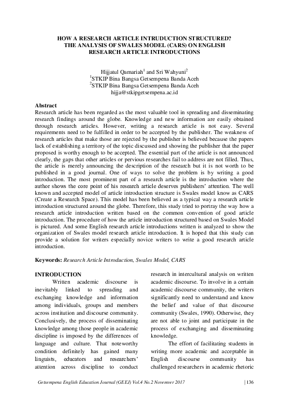 (PDF) How a Research Article Intruduction Structured? The Analysis of ... (PDF) How a Research Article Intruduction Structured? The Analysis of ...