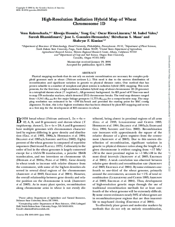 (PDF) High-Resolution Radiation Hybrid Map of Wheat Chromosome 1D