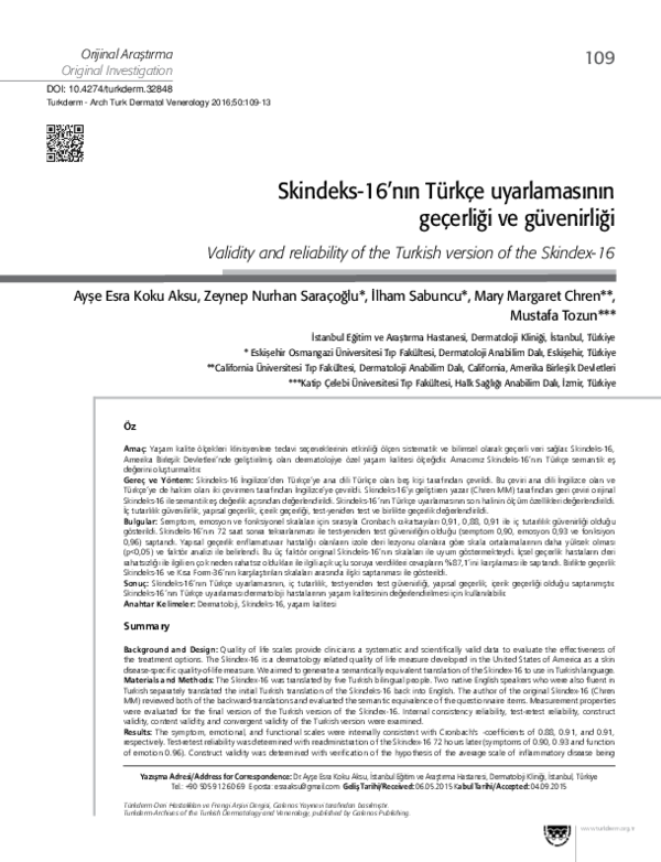 (PDF) Validity and reliability of the Turkish version of the Skindex-16