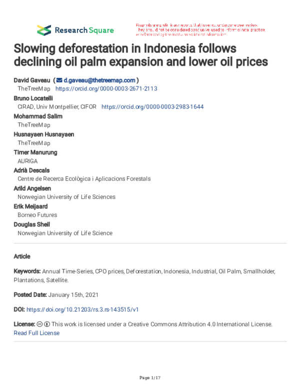 (PDF) Slowing deforestation in Indonesia follows declining oil palm ...