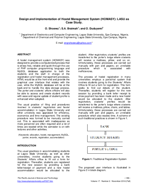 (PDF) Design and Implementation of Hostel Management System ( HOMASY ) : LASU as Case Study