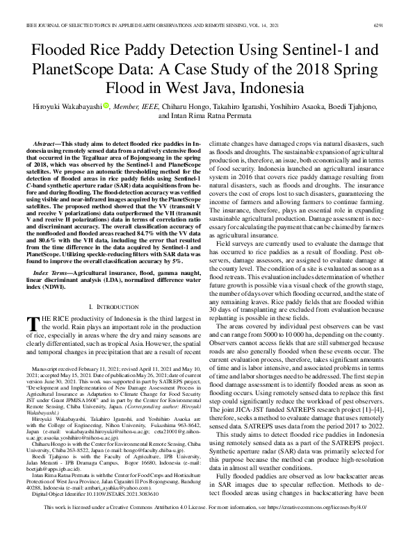 Pdf Flooded Rice Paddy Detection Using Sentinel 1 And Planetscope