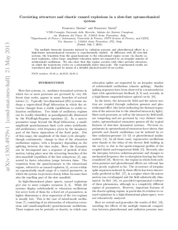 (PDF) Coexisting attractors and chaotic canard explosions in a slow-fast optomechanical system