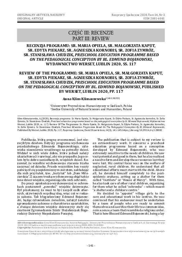 (PDF) REVIEW OF THE PROGRAMME: SR. MARIA OPIELA, SR. MAŁGORZATA KAPUT ...