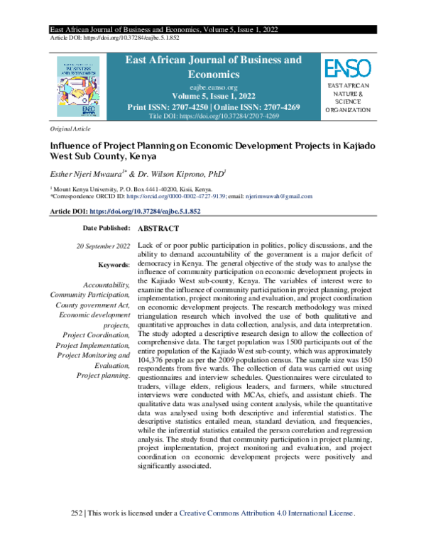 (PDF) Influence of Project Planning on Economic Development Projects in Kajiado West Sub County ...