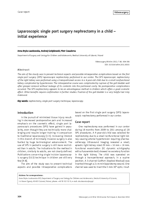 (PDF) Laparoscopic single port surgery nephrectomy in a child – initial ...