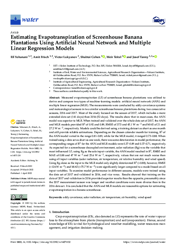 (PDF) Estimating Evapotranspiration of Screenhouse Banana Plantations Using Artificial Neural ...