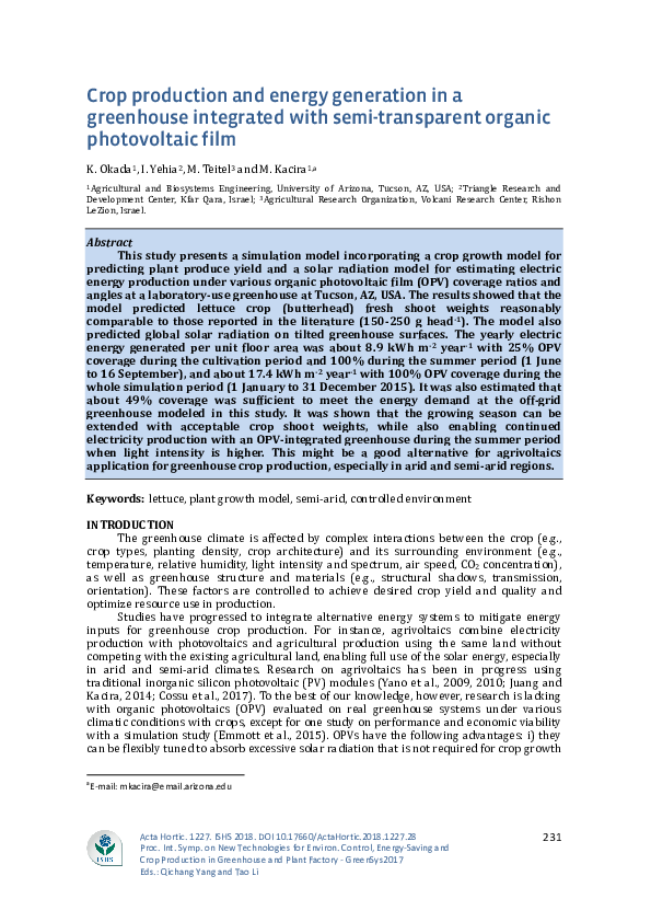 (PDF) Crop production and energy generation in a greenhouse integrated ...