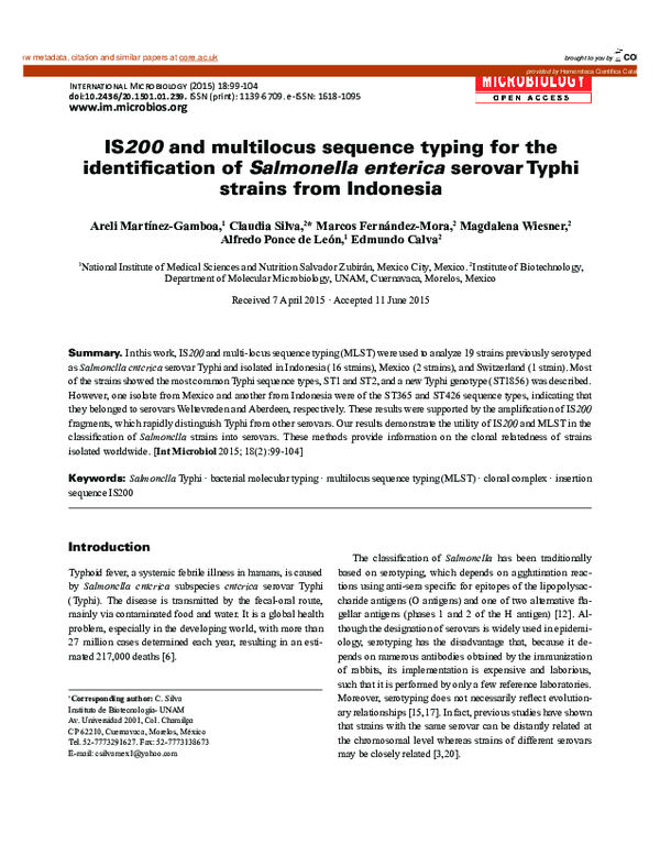 (PDF) IS200 and multilocus sequence typing for the identification of Salmonella enterica serovar ...