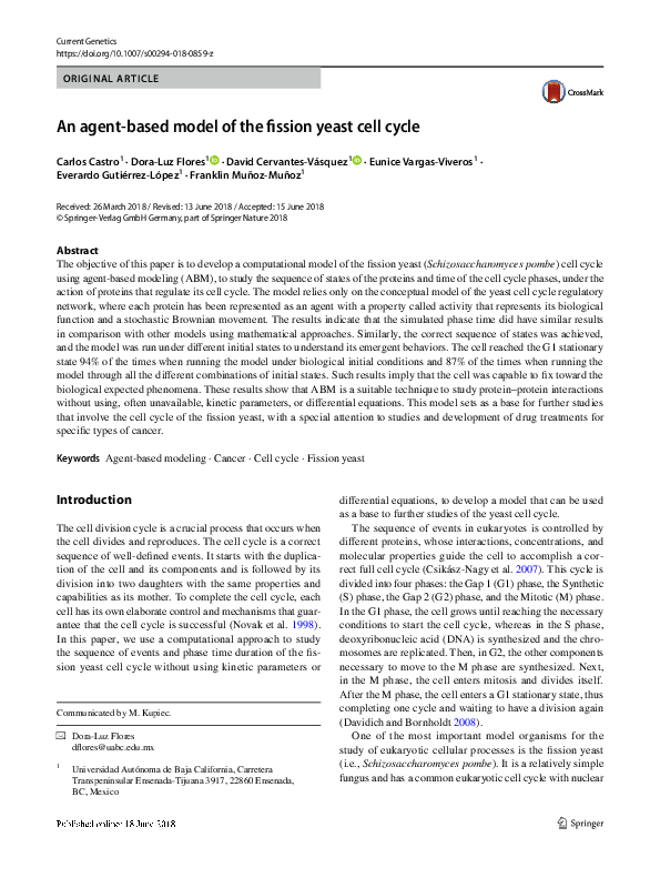 Pdf An Agent Based Model Of The Fission Yeast Cell Cycle