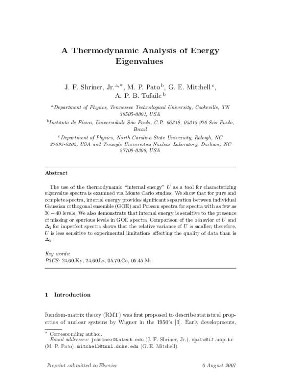 (PDF) A thermodynamic analysis of energy eigenvalues