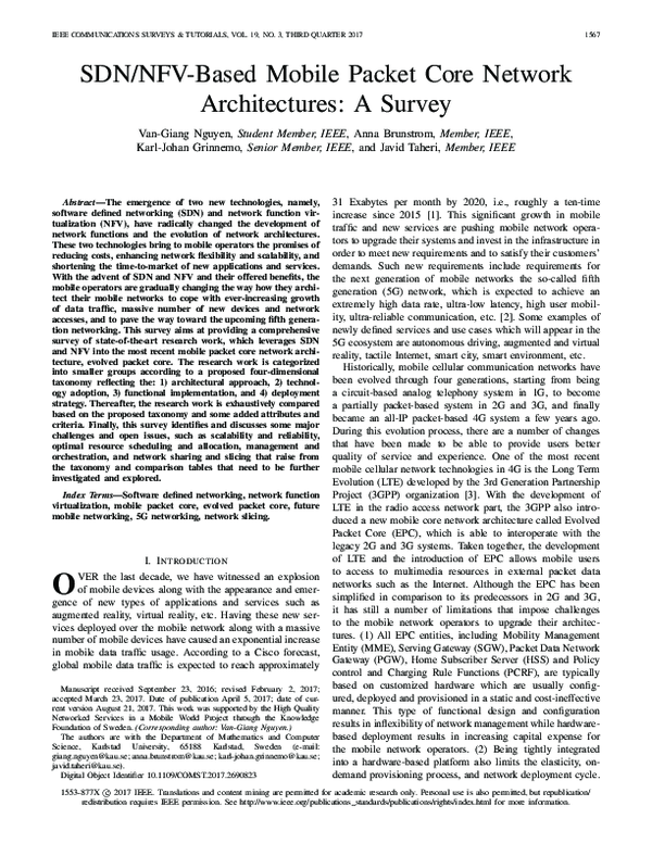 (PDF) SDN/NFV-Based Mobile Packet Core Network Architectures: A Survey