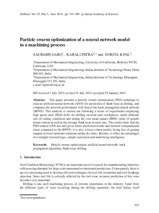 Pdf Particle Swarm Optimization Of A Neural Network Model In A Machining Process Marcio