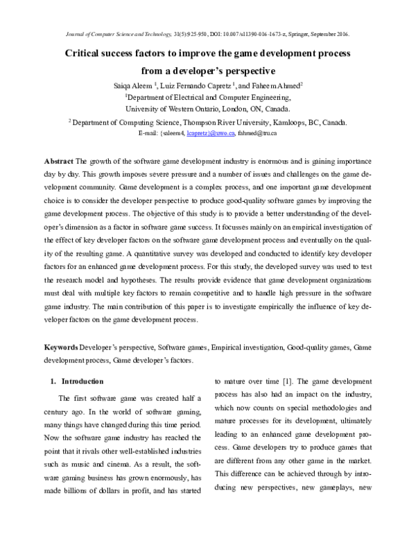 (PDF) Critical Success Factors to Improve the Game Development Process from a Developer’s ...