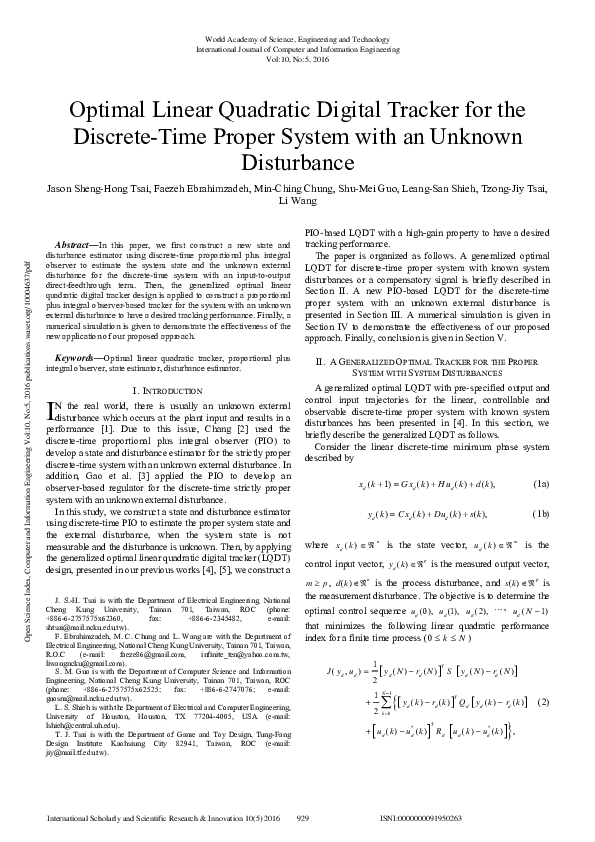 (PDF) Optimal Linear Quadratic Digital Tracker For The Discrete-Time Proper System With An ...