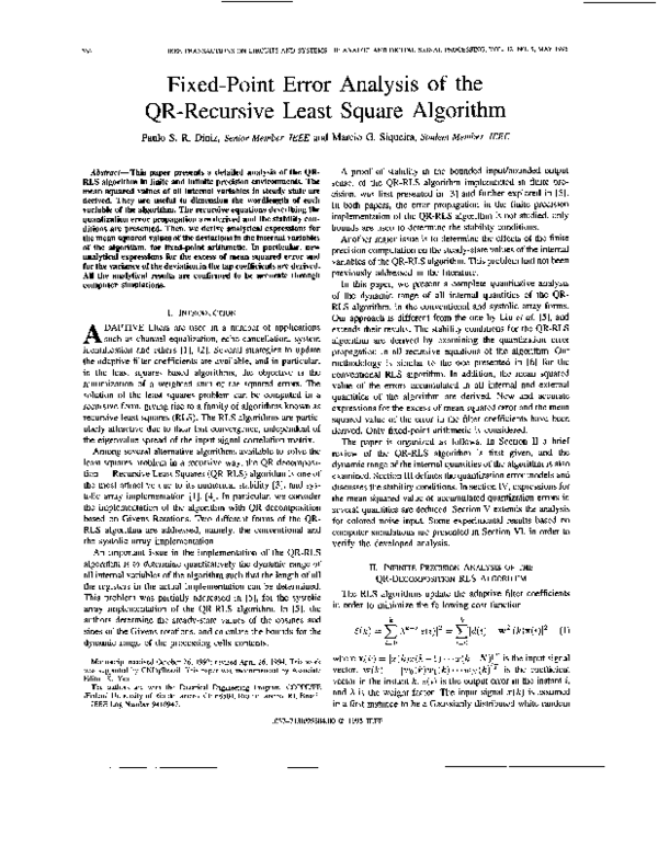 Pdf Qr Rls Algorithm Fixed Point Error Analysis
