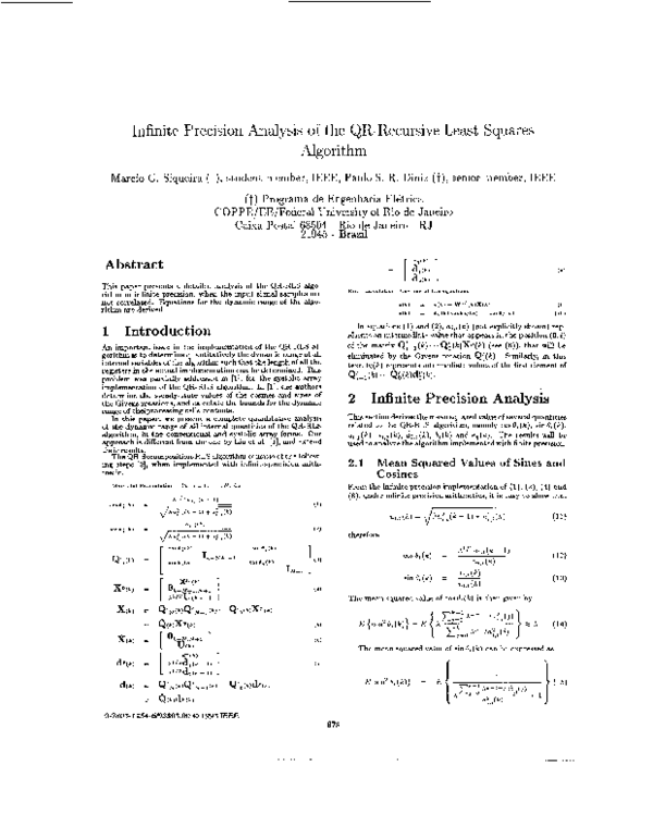 (PDF) Infinite precision analysis of the QR-recursive least squares algorithm