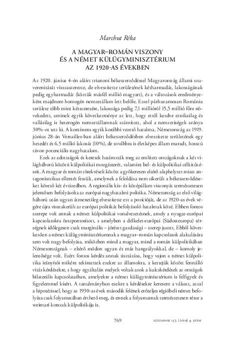 (PDF) A magyar–román viszony és a német külügyminisztérium az 1920-as években