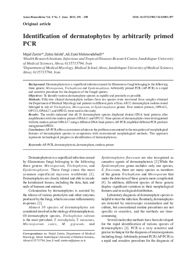 (PDF) Identification of dermatophytes by arbitrarily primed PCR