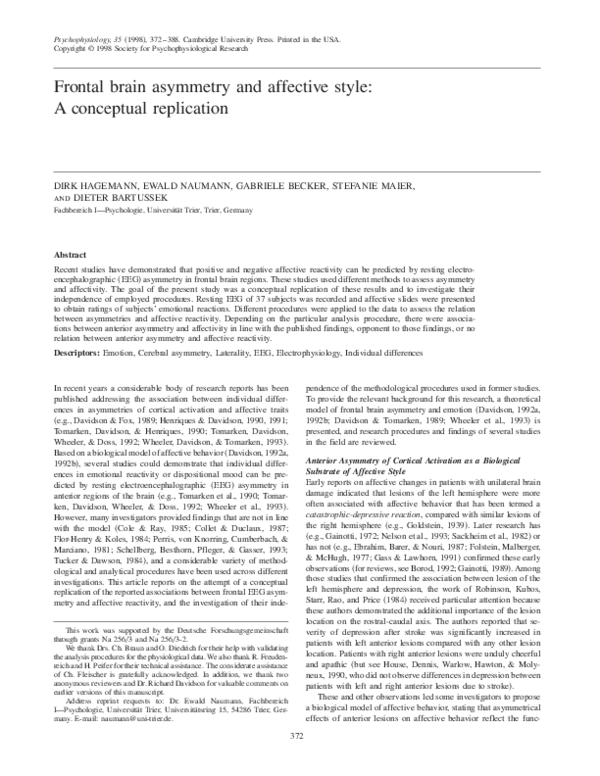 (PDF) Frontal brain asymmetry and affective style: A conceptual replication
