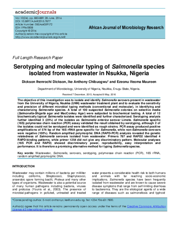 (PDF) Molecular Typing of Salmonella in Nsukka Wastewater