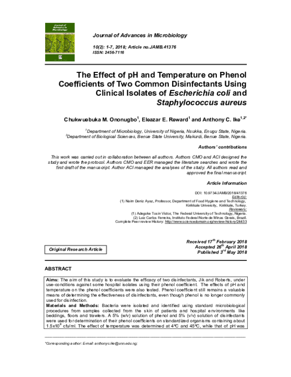 (PDF) The Effect of pH and Temperature on Phenol Coefficients of Two ...