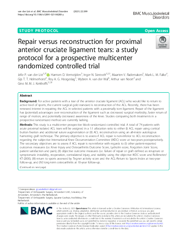 (PDF) Repair versus reconstruction for proximal anterior cruciate ligament tears: a study ...