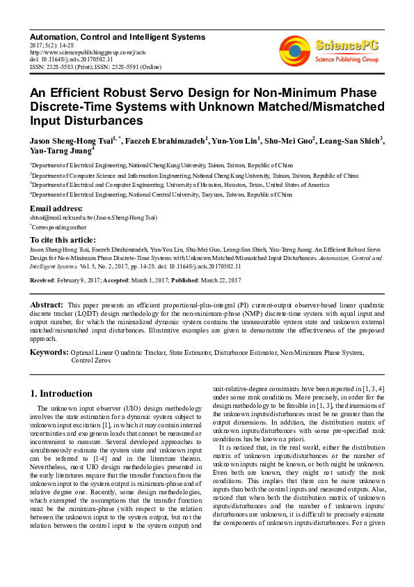Pdf An Efficient Robust Servo Design For Non Minimum Phase Discrete Time Systems With Unknown