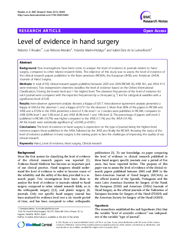 (PDF) Level of evidence in hand surgery