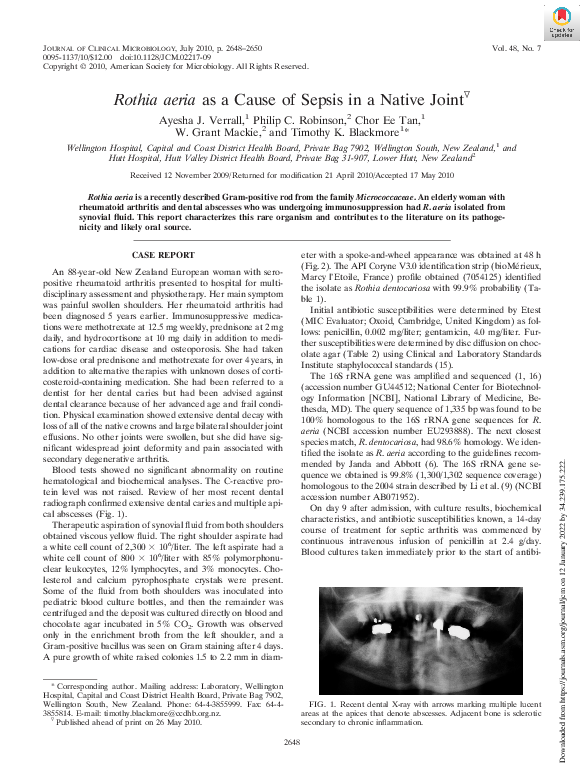 (PDF) Rothia aeria as a Cause of Sepsis in a Native Joint