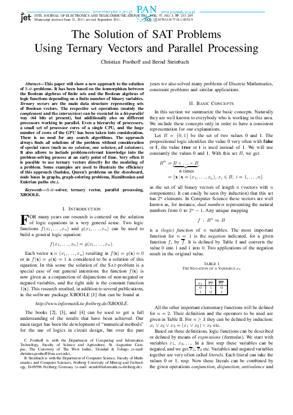 (PDF) The Solution of SAT Problems Using Ternary Vectors and Parallel Processing