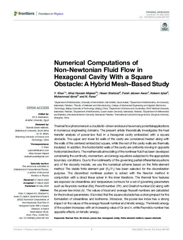 Pdf Numerical Computations Of Non Newtonian Fluid Flow In Hexagonal Cavity With A Square