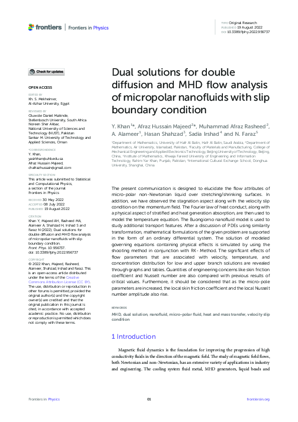 (PDF) Dual solutions for double diffusion and MHD flow analysis of micropolar nanofluids with ...