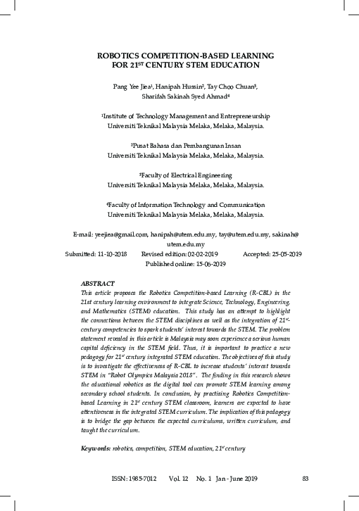 (PDF) Robotics Competition-Based Learning for 21ST Century Stem Education