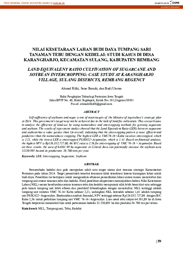 (PDF) Nilai Kesetaraan Lahan Budi Daya Tumpang Sari Tanaman Tebu Dengan Kedelai: Studi Kasus DI ...