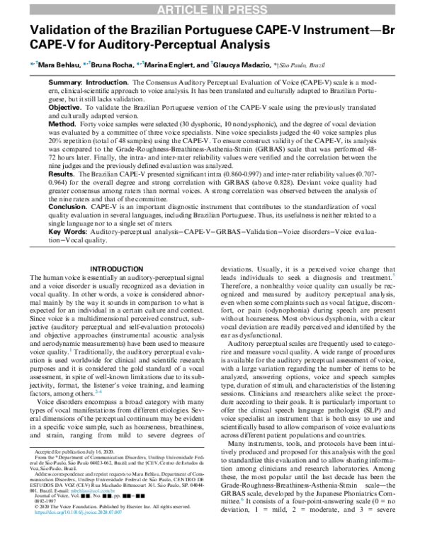 (PDF) Validation of the Brazilian Portuguese CAPE-V Instrument—Br CAPE-V for Auditory-Perceptual ...