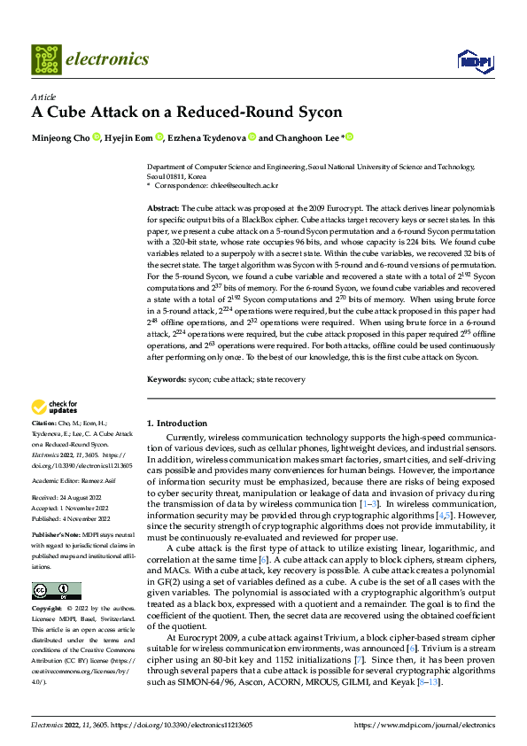 (PDF) A Cube Attack on a Reduced-Round Sycon