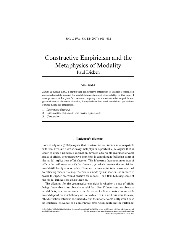 (PDF) Constructive Empiricism and the Metaphysics of Modality