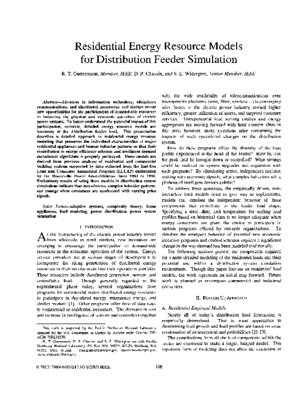 (PDF) Residential energy resource models for distribution feeder simulation